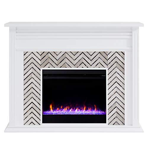 SEI Furniture Hebbington Carrara Marble Tiled Color Changing Electric Fireplace, White-Gray