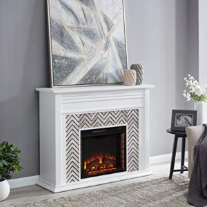 SEI Furniture Hebbington Carrara Marble Tiled Electric Fireplace, White-Gray