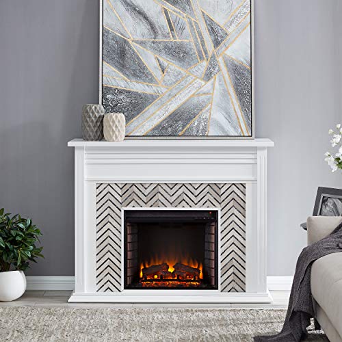 SEI Furniture Hebbington Carrara Marble Tiled Electric Fireplace, White-Gray