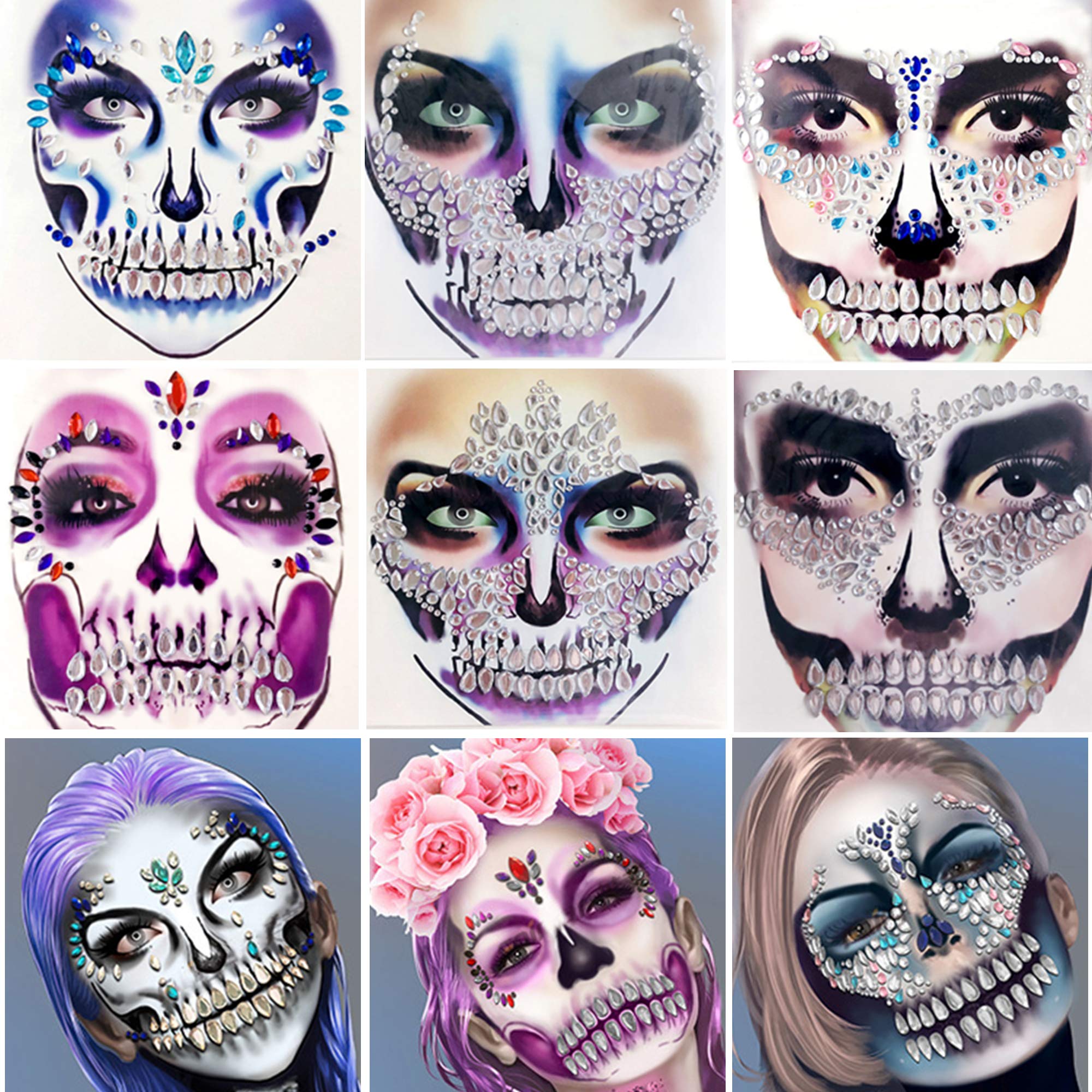 Skull Face Jewels Day of the Death Face Gems for Halloween Face Decals,6-Pack