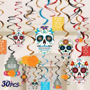 day of the dead hanging swirl decorations 30 ct día de los muertos hanging ceiling spirals decor sugar skull papel picado marigold flowers cutouts for mexican birthday wedding halloween party supplies