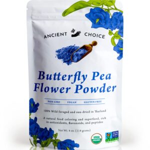 ancient choice - butterfly pea flower powder (4 ounce) | blue matcha tea | ceremonial (highest) grade | adaptogenic raw culinary | natural food coloring | thai non-gmo | vegan