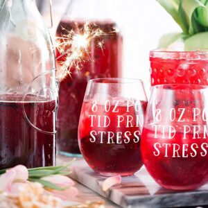 YouNique Designs 8oz PO TID PRN Stress Wine Glass, 15 Ounces, RN Stemless Wine Glasses for Nurse Wine Glass