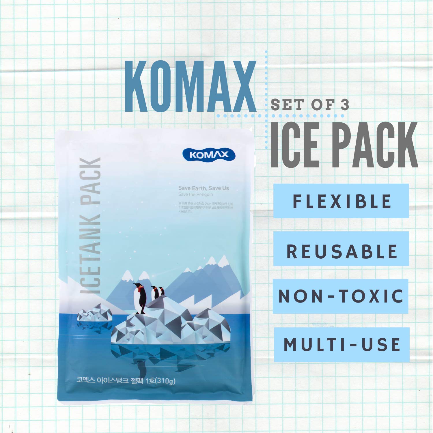 Komax Reusable Gel Ice Packs for Lunch Bags, Set of 3, Slim Design, BPA-Free, 8 Hour Cooling, Flexible, Food-Safe