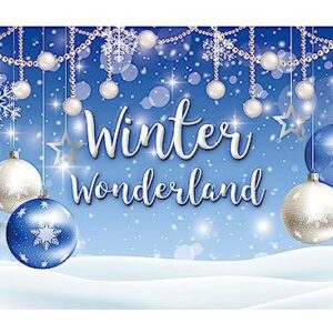 Funnytree 7x5ft Winter Wonderland Theme Backdrop for Blue Boy Baby Shower Birthday Party Christmas Snowflake Snow Landscape Photography Background Bokeh Glitter Pearl Banner Decoration Photo Booth