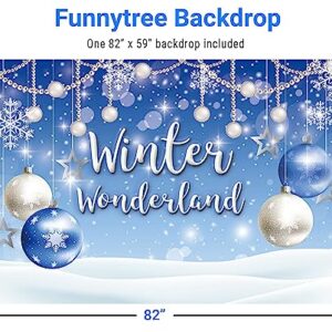 Funnytree 7x5ft Winter Wonderland Theme Backdrop for Blue Boy Baby Shower Birthday Party Christmas Snowflake Snow Landscape Photography Background Bokeh Glitter Pearl Banner Decoration Photo Booth