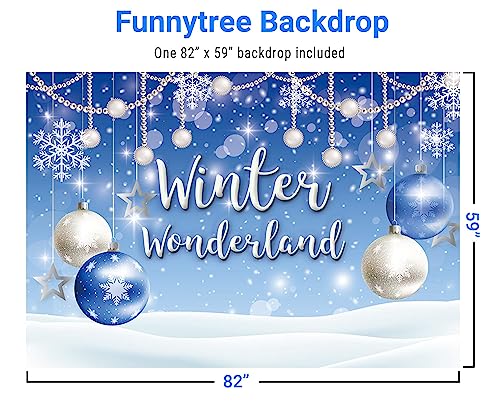 Funnytree 7x5ft Winter Wonderland Theme Backdrop for Blue Boy Baby Shower Birthday Party Christmas Snowflake Snow Landscape Photography Background Bokeh Glitter Pearl Banner Decoration Photo Booth