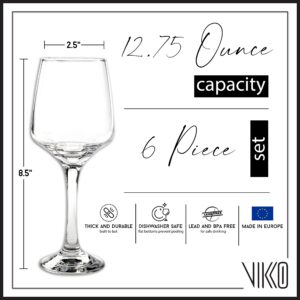 Vikko 12.75 Ounce Wine Glasses | Beautifully Shaped – Thick and Durable Construction – For Parties, Entertaining, and Everyday Use – Dishwasher Safe – Set of 6 Clear Glass Wine Glasses – 2.5” Diameter