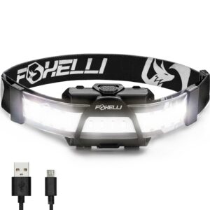 foxelli wide beam headlamp – usb rechargeable led head lamp flashlight, ultra bright, 210° wide illumination, low profile, 14 white leds, waterproof, lightweight & comfortable headlight