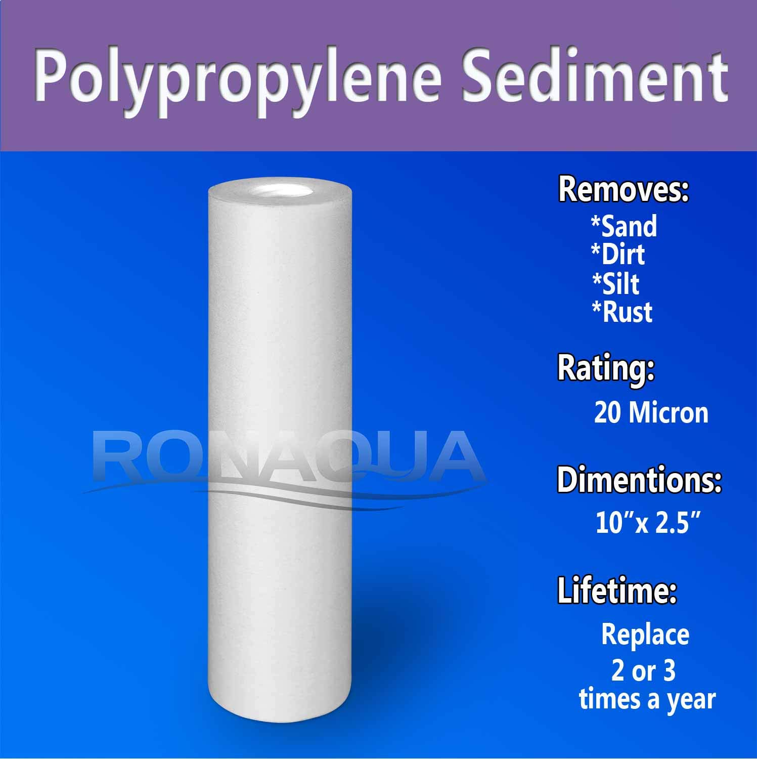 20 Micron Sediment Water Filter Cartridge 10"x 2.5", Four Layers of Filtration, Removes Sand, Dirt, Silt, Rust, Made from Polypropylene for any RO Units or Whole House Water Filtration Systems 6 Pack