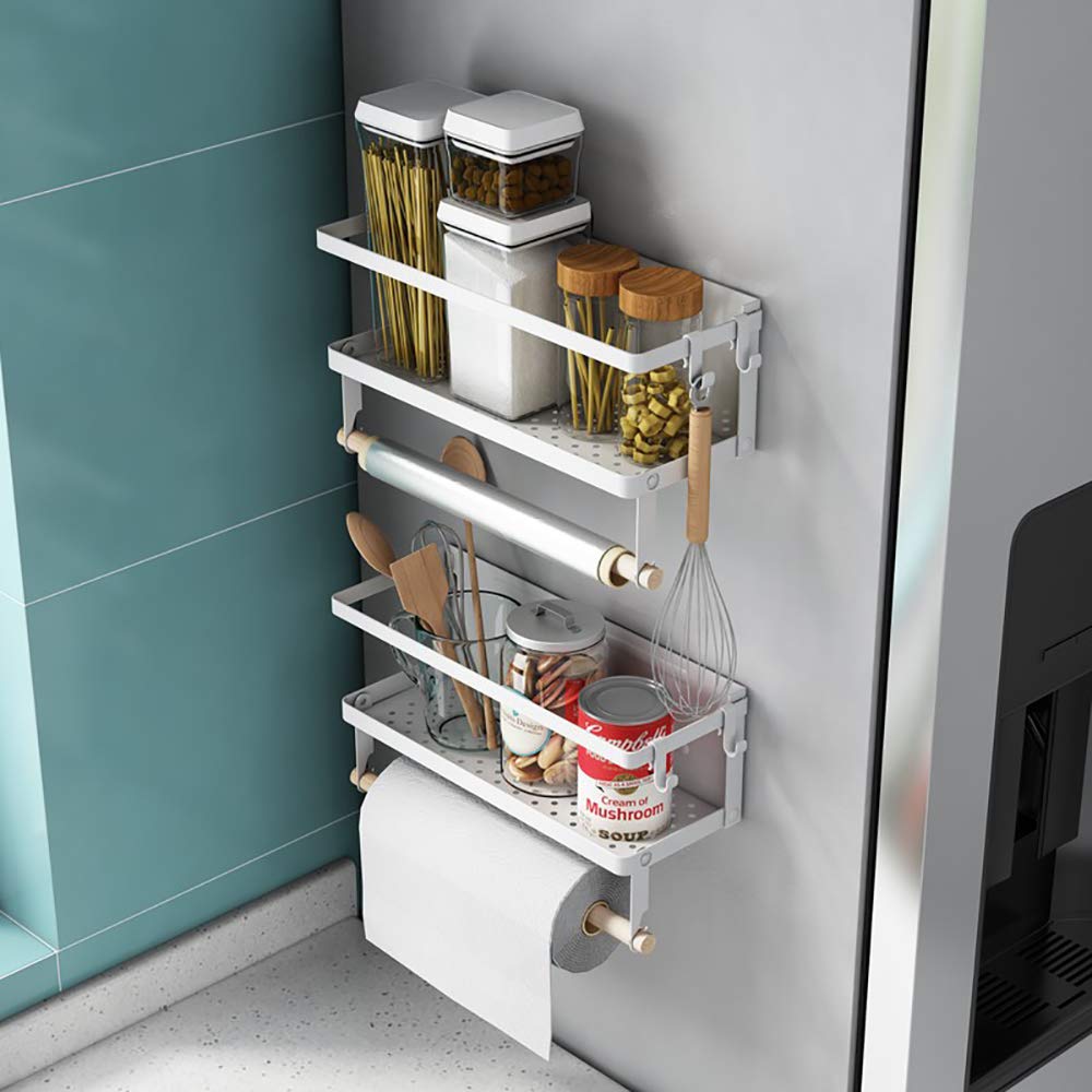 Mukkuri Fridge Spice Rack & Magnetic Paper Towel Holder Refrigerator Spice Organizer Magnet Shelf,White