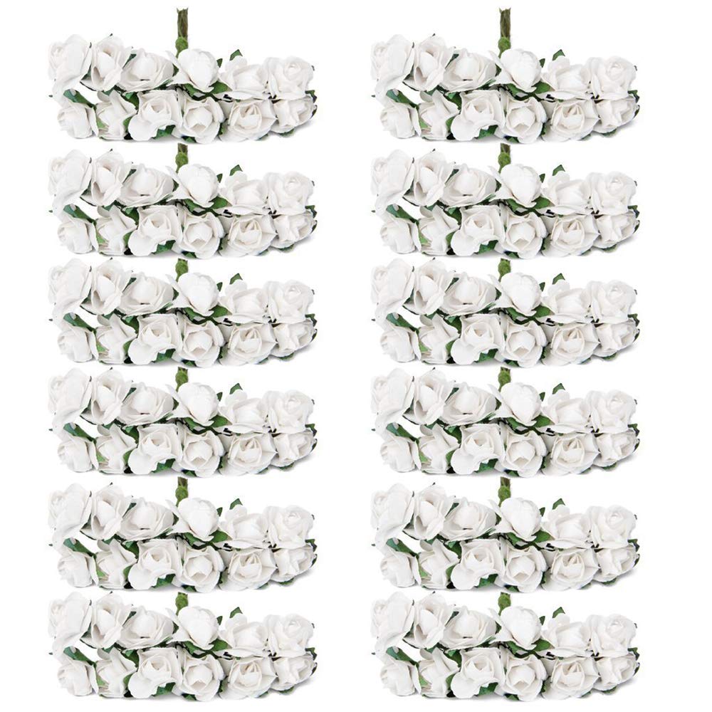 zorpia Mini Fake Rose Flower Heads 144pcs Mini Artificial Mulberry Paper Roses Flower with Wire Stem DIY Wedding Flowers Accessories Make Bridal Hair Clips Headbands Dress (White)