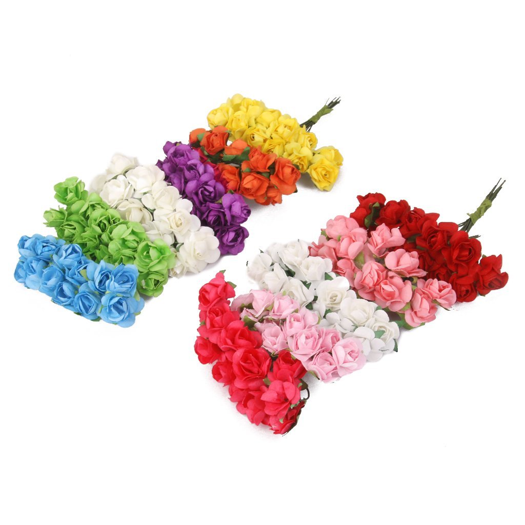 zorpia Mini Fake Rose Flower Heads 144pcs Mini Artificial Mulberry Paper Roses Flower with Wire Stem DIY Wedding Flowers Accessories Make Bridal Hair Clips Headbands Dress (White)