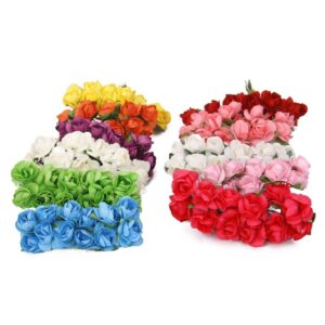 zorpia Mini Fake Rose Flower Heads 144pcs Mini Artificial Mulberry Paper Roses Flower with Wire Stem DIY Wedding Flowers Accessories Make Bridal Hair Clips Headbands Dress (White)