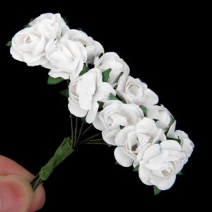 zorpia Mini Fake Rose Flower Heads 144pcs Mini Artificial Mulberry Paper Roses Flower with Wire Stem DIY Wedding Flowers Accessories Make Bridal Hair Clips Headbands Dress (White)