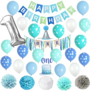 vidal crafts 1st birthday decorations boy - high chair banner, baby birthday decorations, 1 year old birthday decorations - balloons, banners, paper flowers, cake topper - first birthday boy