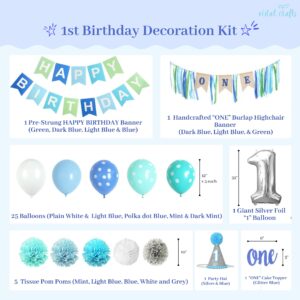 VIDAL CRAFTS 1st Birthday Decorations Boy - High Chair Banner, Baby Birthday Decorations, 1 Year Old Birthday Decorations - Balloons, Banners, paper flowers, Cake Topper - First Birthday Boy