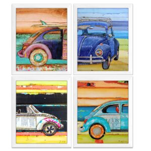 Antique Classic Cars Art Prints, Set of 4, Danny Phillips Fine Art, Mixed Media Collage Artwork, Coastal Wall Decor, 8x10 Inches