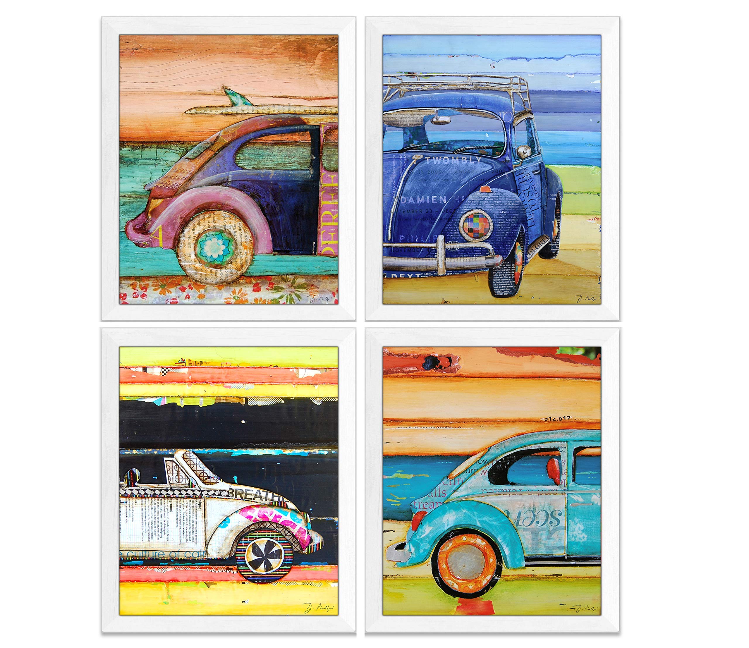 Antique Classic Cars Art Prints, Set of 4, Danny Phillips Fine Art, Mixed Media Collage Artwork, Coastal Wall Decor, 8x10 Inches