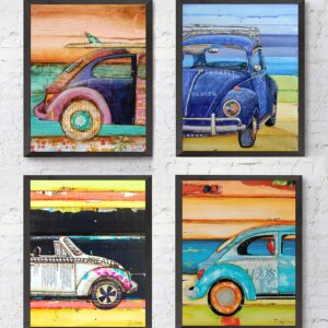 Antique Classic Cars Art Prints, Set of 4, Danny Phillips Fine Art, Mixed Media Collage Artwork, Coastal Wall Decor, 8x10 Inches