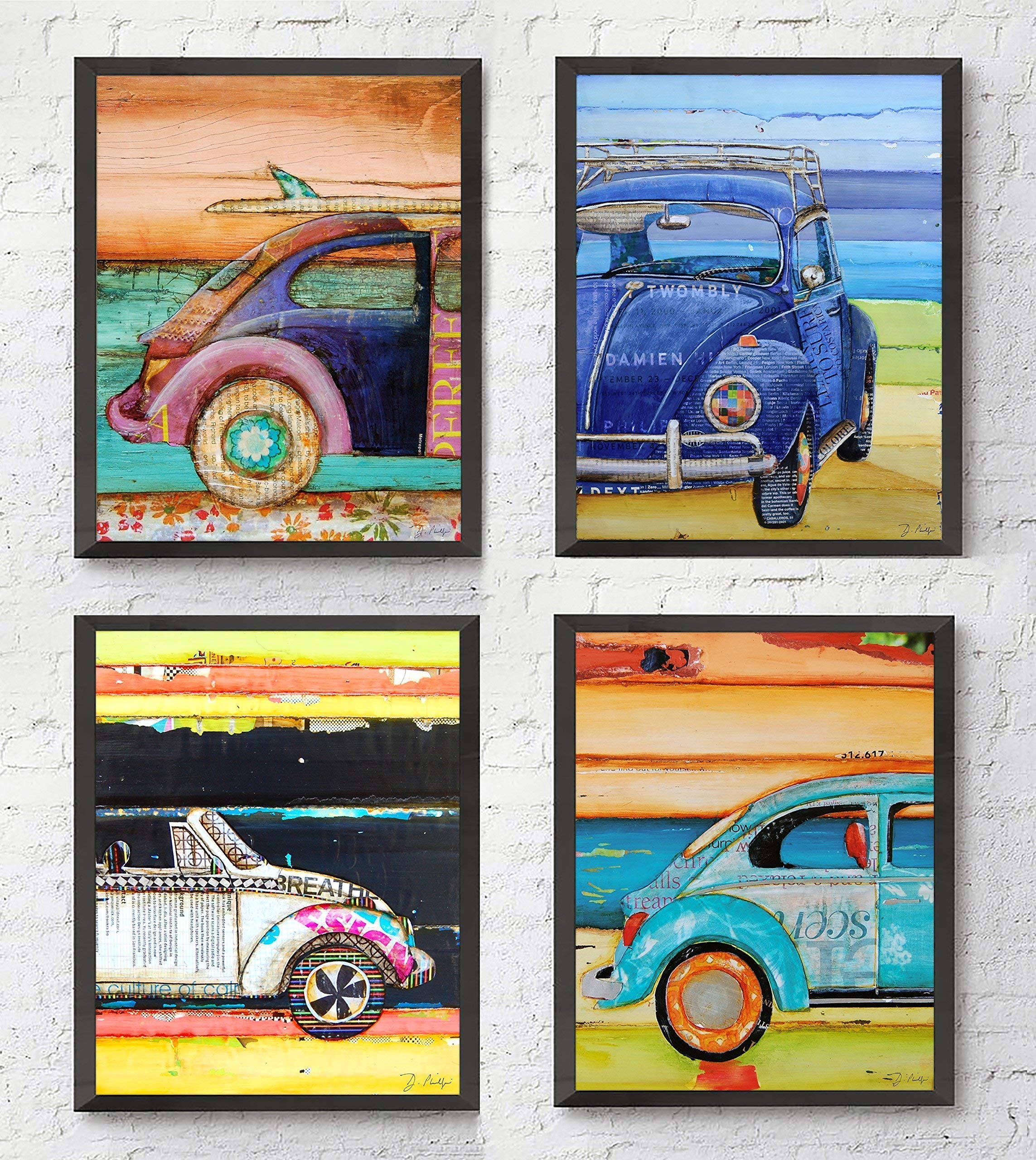 Antique Classic Cars Art Prints, Set of 4, Danny Phillips Fine Art, Mixed Media Collage Artwork, Coastal Wall Decor, 8x10 Inches