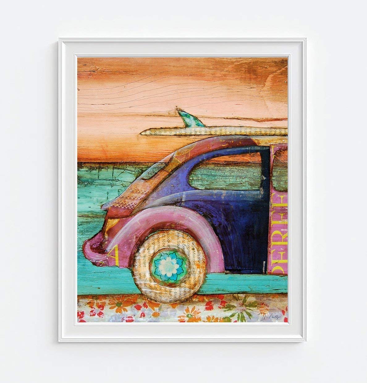 Antique Classic Cars Art Prints, Set of 4, Danny Phillips Fine Art, Mixed Media Collage Artwork, Coastal Wall Decor, 8x10 Inches