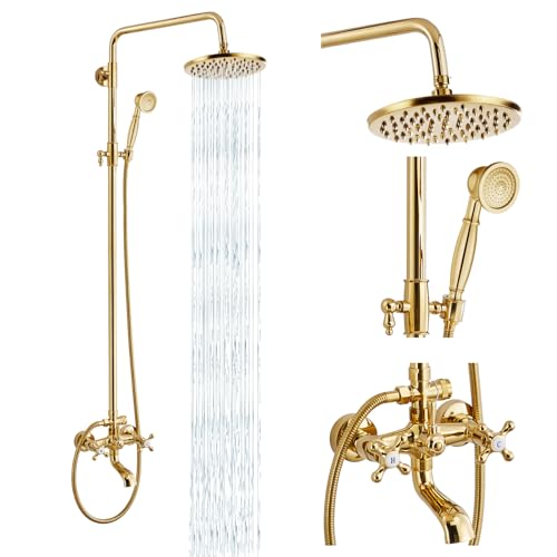 gotonovo Exposed Shower Faucet Set 8 Rain Shower 2 Double Knobs Handle Gold Polish Triple Function Tub Spout Shower Fixture Combo System Unit Set