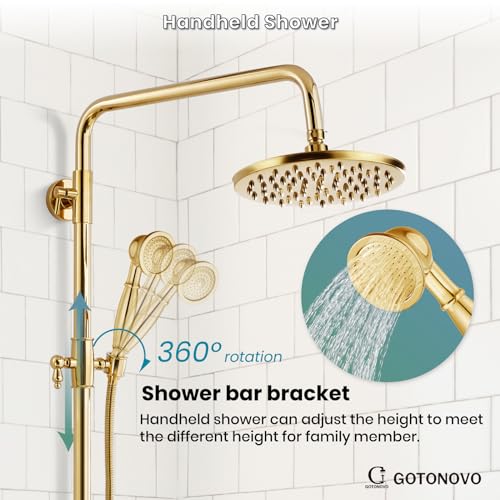 gotonovo Exposed Shower Faucet Set 8 Rain Shower 2 Double Knobs Handle Gold Polish Triple Function Tub Spout Shower Fixture Combo System Unit Set