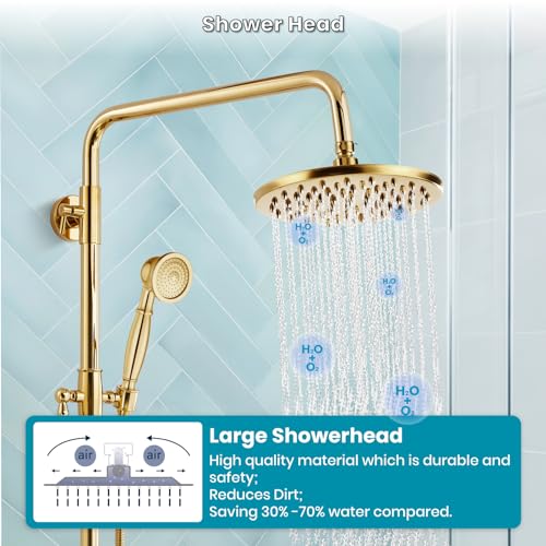 gotonovo Exposed Shower Faucet Set 8 Rain Shower 2 Double Knobs Handle Gold Polish Triple Function Tub Spout Shower Fixture Combo System Unit Set