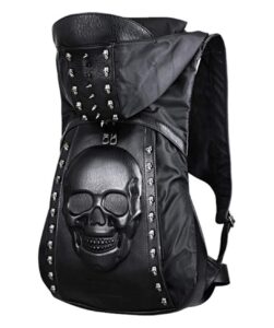 nice--buy skull punk art fashion backpack hooded rivet studded biker purse gothic 3d skull pu leather bookbag python daypack shoulder bag laptop bag