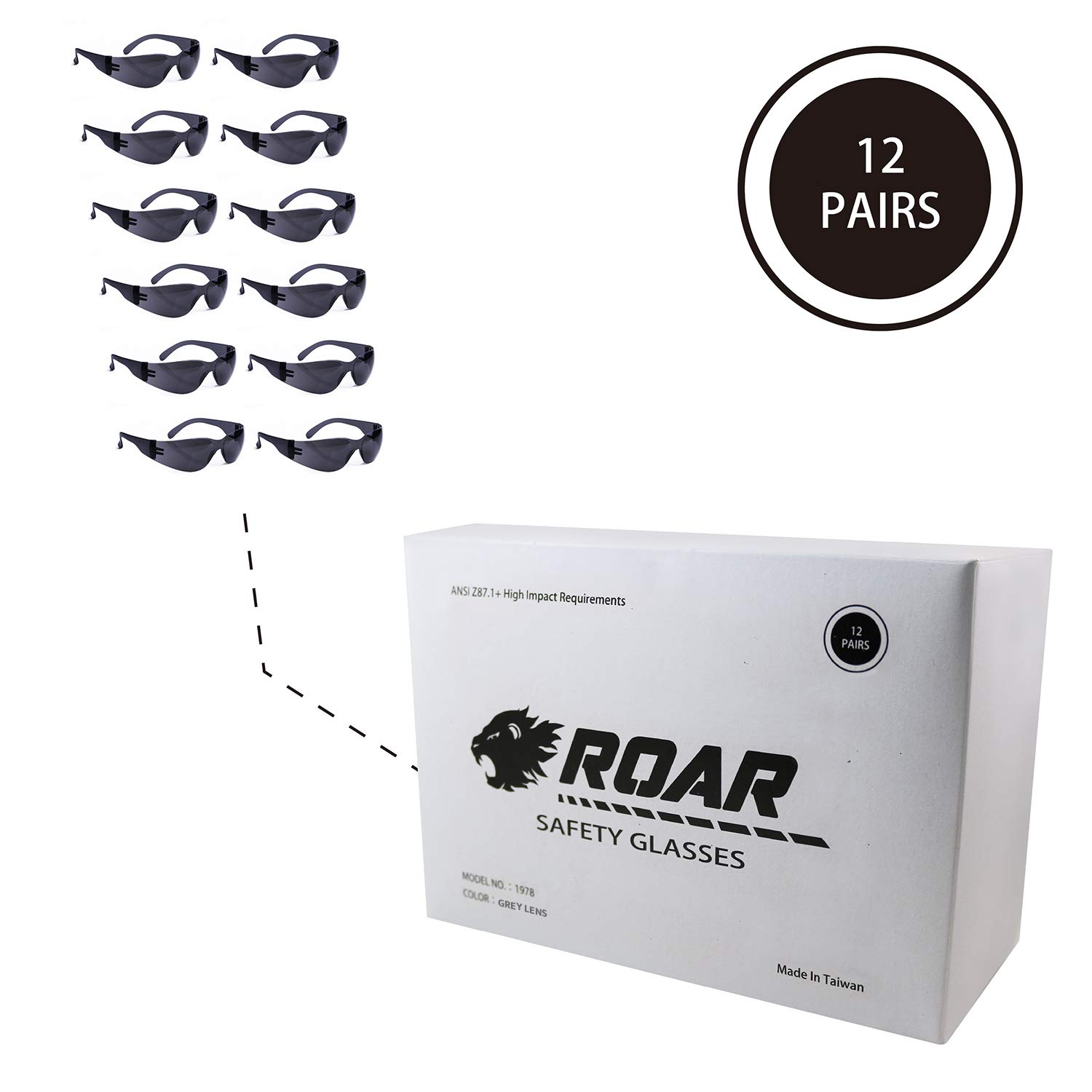 ROAR Smoke Safety Glasses 12 pairs per box Eyewear Protective Glasses Safety Goggle Airsoft Goggle, Strong Impact Resistant Lens for Laboratory, Construction,gardening, Industrial Safety, Craft