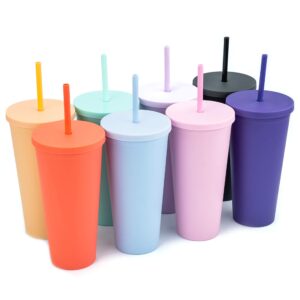 strata cups classic multicolor tumblers with lids and straws (8 pack) - 22oz matte pastel colored acrylic tumblers with lids and straws, double wall tumbler bulk, reusable cup with straw cleaner