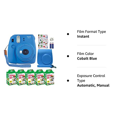 Fujifilm Instax Mini 9 Instant Camera Cobalt Blue with Custom Case + Fuji Instax Film Value Pack (50 Sheets) Flamingo Designer Photo Album