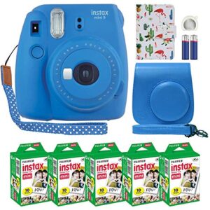 fujifilm instax mini 9 instant camera cobalt blue with custom case + fuji instax film value pack (50 sheets) flamingo designer photo album