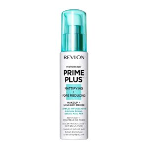 revlon face primer, photoready prime plus face makeup for all skin types, blurs & fills in fine lines, infused with salicylic acid and aha, mattifying & pore reducing, 1 oz