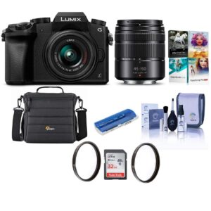 panasonic lumix dmc-g7 mirrorless camera with lumix g vario 14-42mm and 45-150mm lenses lens, black - bundle with camera case, 32gb sdhc card, 46mm/52mm uv filters, pc software pack and more