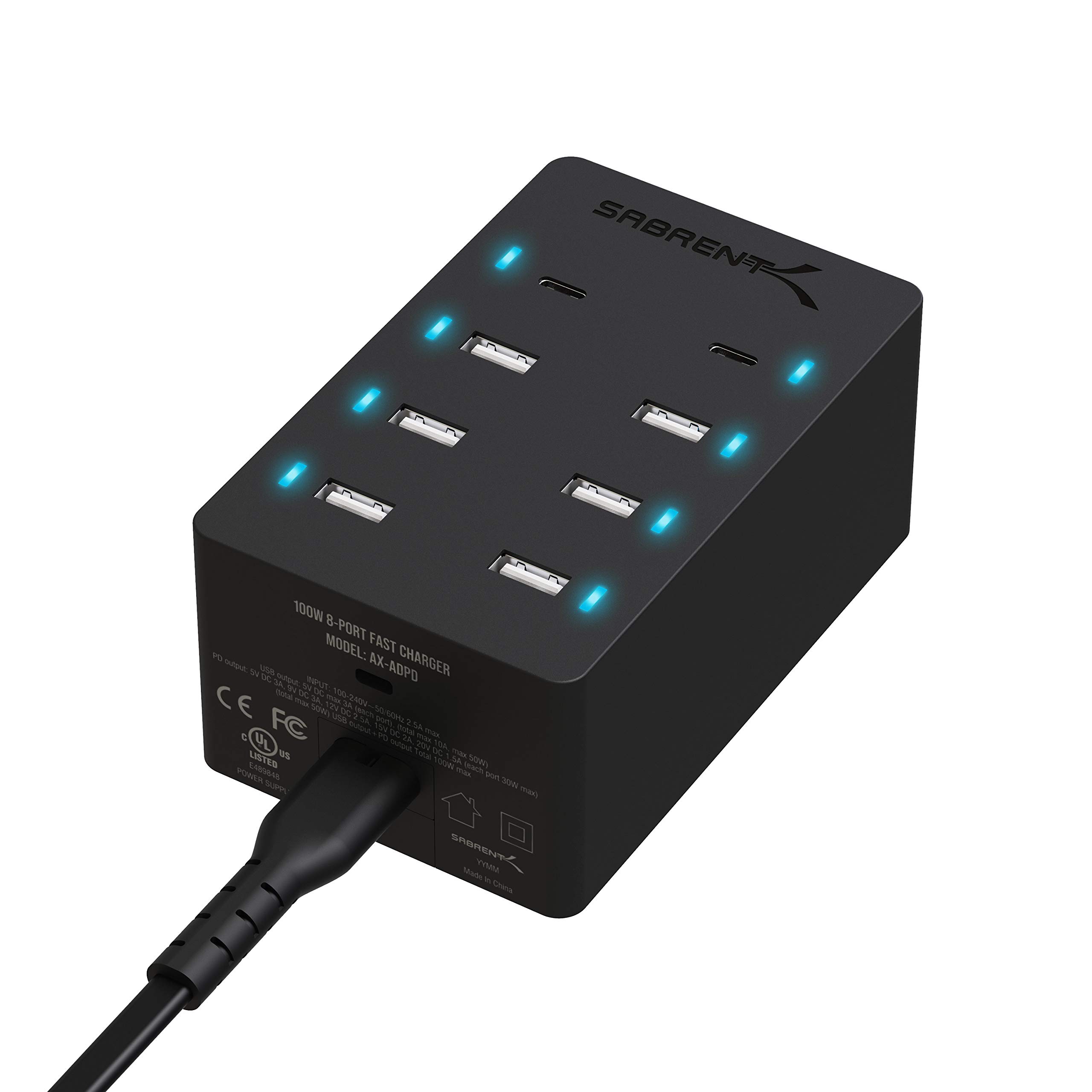 SABRENT 100 Watt 8 Port Family Sized USB Rapid Charger [UL Certified ] Includes 2 PD (Power Delivery) Ports (AX-ADPD)