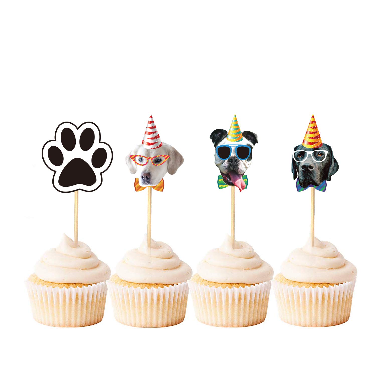 24 PCS Dog Face Cupcake Toppers Dog Cake Topper Puppy Birthday Garland Pet Theme Party Cake Decorations Supplies