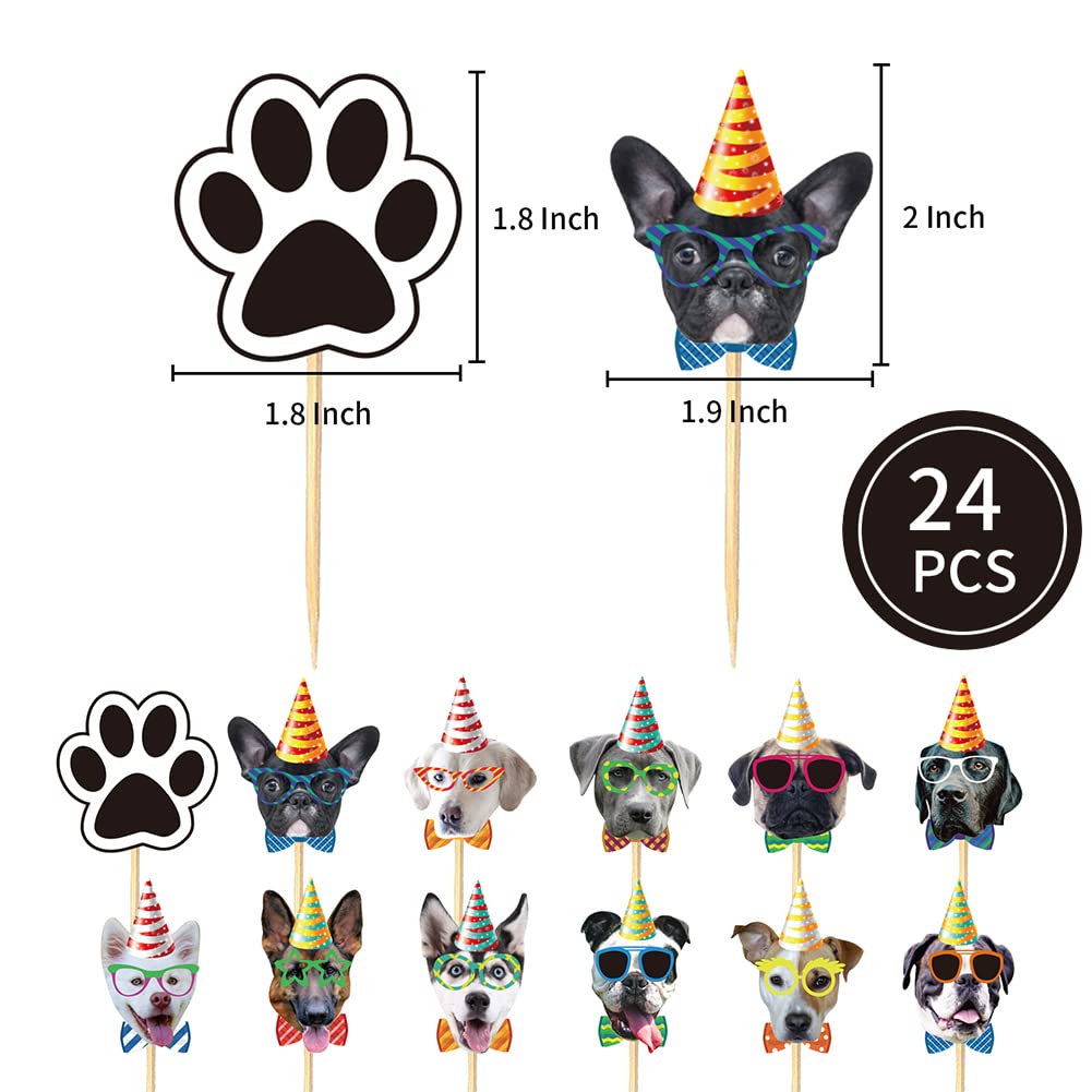 24 PCS Dog Face Cupcake Toppers Dog Cake Topper Puppy Birthday Garland Pet Theme Party Cake Decorations Supplies