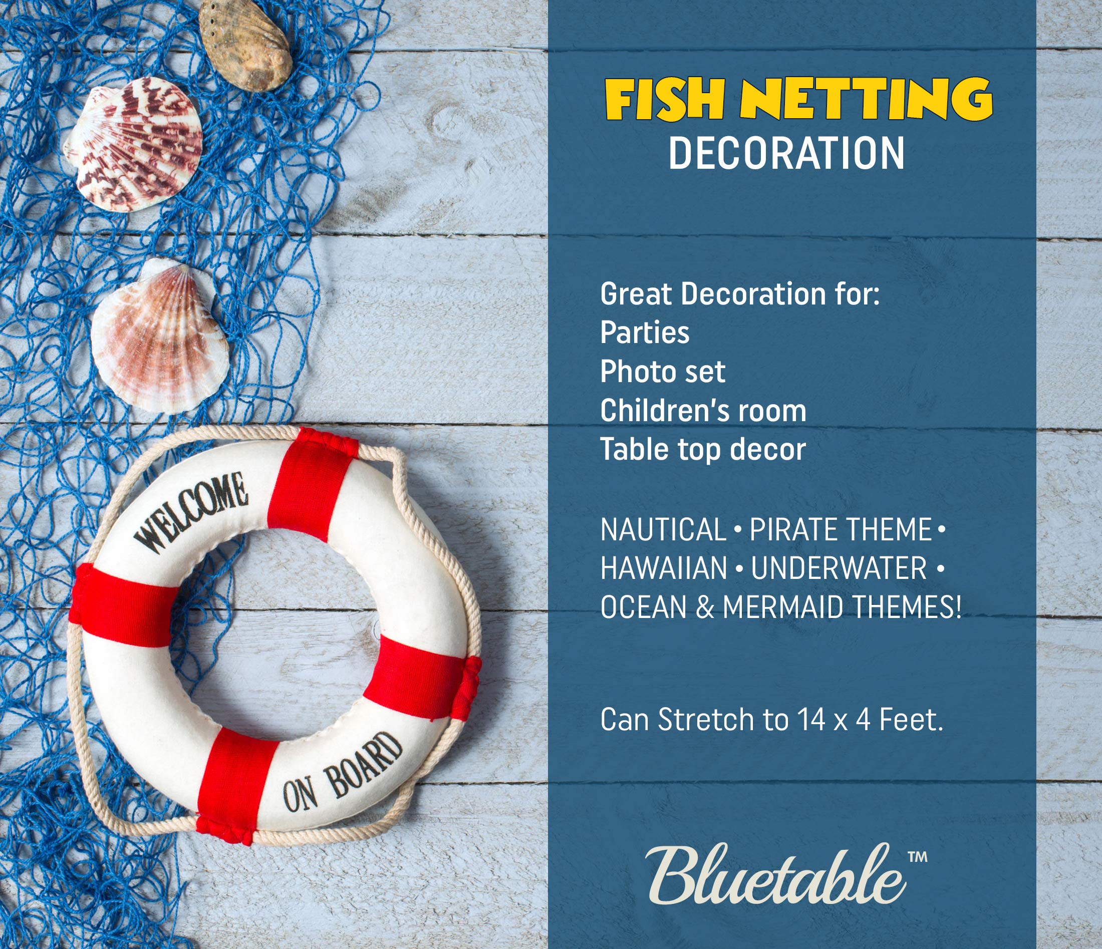 Fish Net Decoration Party Decor – Blue Cotton Netting 48” x 144” Inches. Fishnet for Nautical Theme, Pirate Party, Hawaiian Party, Underwater, Beach, Ocean & Mermaid Party.