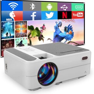 Movie Projector, Wireless HD 1080p Outdoor Bluetooth Projector LED Mini Portable Wifi Projector for Smartphone, with Airplay, Speaker, HDMI, USB Support iPhone Laptop TV Stick