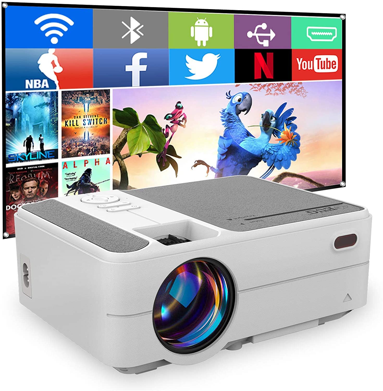 Movie Projector, Wireless HD 1080p Outdoor Bluetooth Projector LED Mini Portable Wifi Projector for Smartphone, with Airplay, Speaker, HDMI, USB Support iPhone Laptop TV Stick