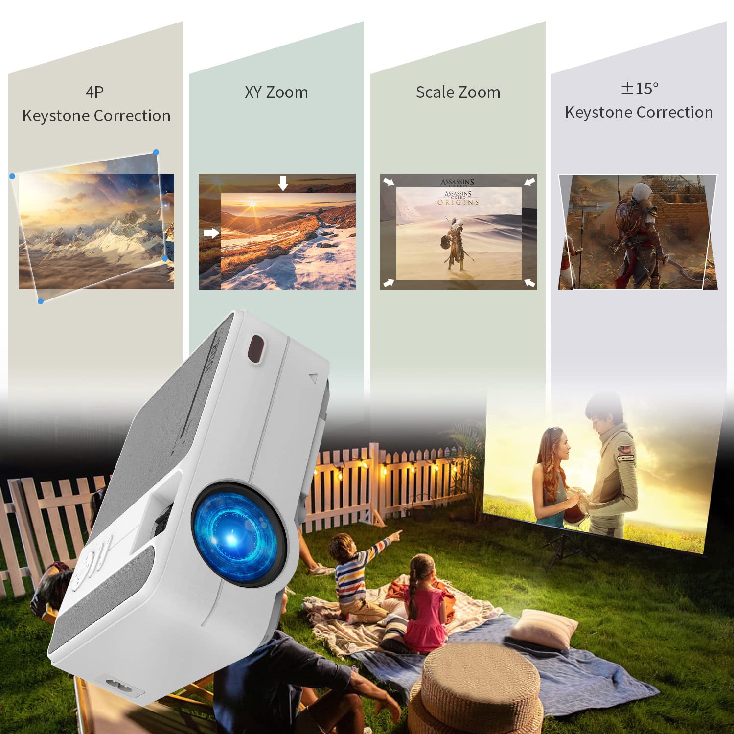 Movie Projector, Wireless HD 1080p Outdoor Bluetooth Projector LED Mini Portable Wifi Projector for Smartphone, with Airplay, Speaker, HDMI, USB Support iPhone Laptop TV Stick