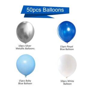 Blue Silver White Latex Balloons, 50pcs 12 inch Royal Blue and Silver Metallic Balloons for Birthday Wedding Party Decoration