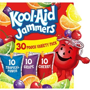 kool-aid jammers tropical punch (grape & cherry artificially flavored kids soft drink variety pack, 30 ct box, 6 fl oz pouches)