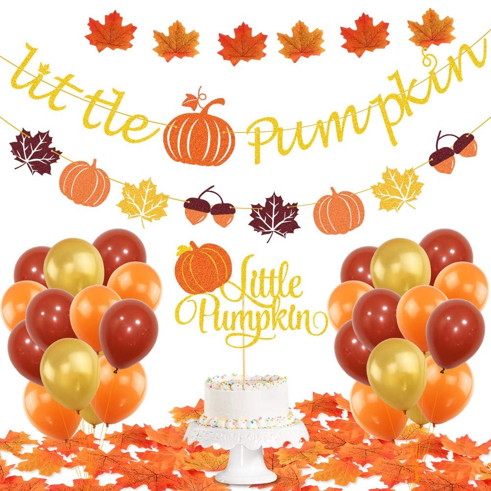 K KUMEED Little Pumpkin Party Decorations, Little Pumpkin Banner Fall Leaves Pumpkin Cake Topper Latex Balloons for Fall Theme Baby Shower Party Supplies