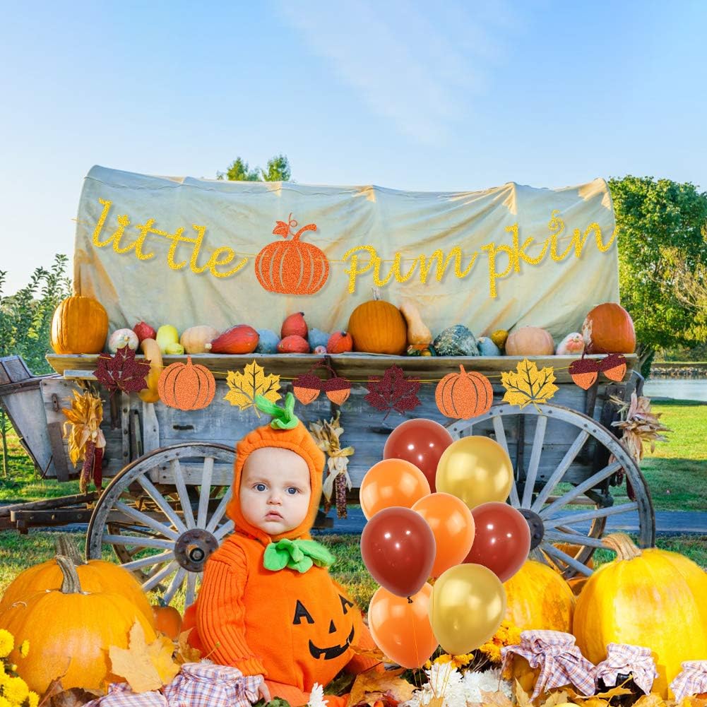 K KUMEED Little Pumpkin Party Decorations, Little Pumpkin Banner Fall Leaves Pumpkin Cake Topper Latex Balloons for Fall Theme Baby Shower Party Supplies