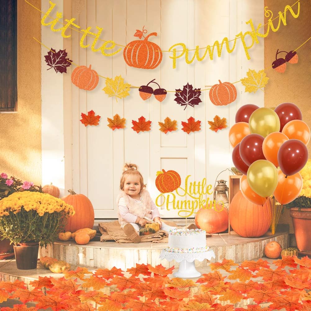 K KUMEED Little Pumpkin Party Decorations, Little Pumpkin Banner Fall Leaves Pumpkin Cake Topper Latex Balloons for Fall Theme Baby Shower Party Supplies