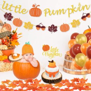 K KUMEED Little Pumpkin Party Decorations, Little Pumpkin Banner Fall Leaves Pumpkin Cake Topper Latex Balloons for Fall Theme Baby Shower Party Supplies