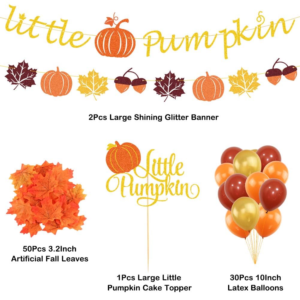 K KUMEED Little Pumpkin Party Decorations, Little Pumpkin Banner Fall Leaves Pumpkin Cake Topper Latex Balloons for Fall Theme Baby Shower Party Supplies